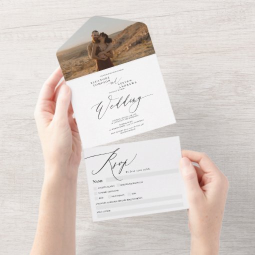 Modern boho photo chic calligraphy wedding all in one invitation | Zazzle