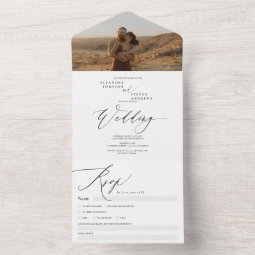 Modern boho photo chic calligraphy wedding all in one invitation | Zazzle