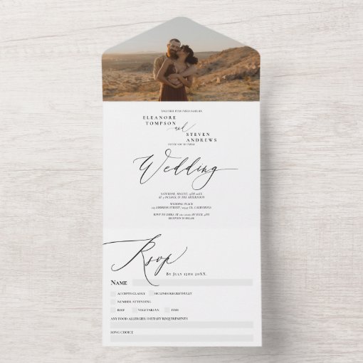 Modern boho photo chic calligraphy wedding all in one invitation | Zazzle