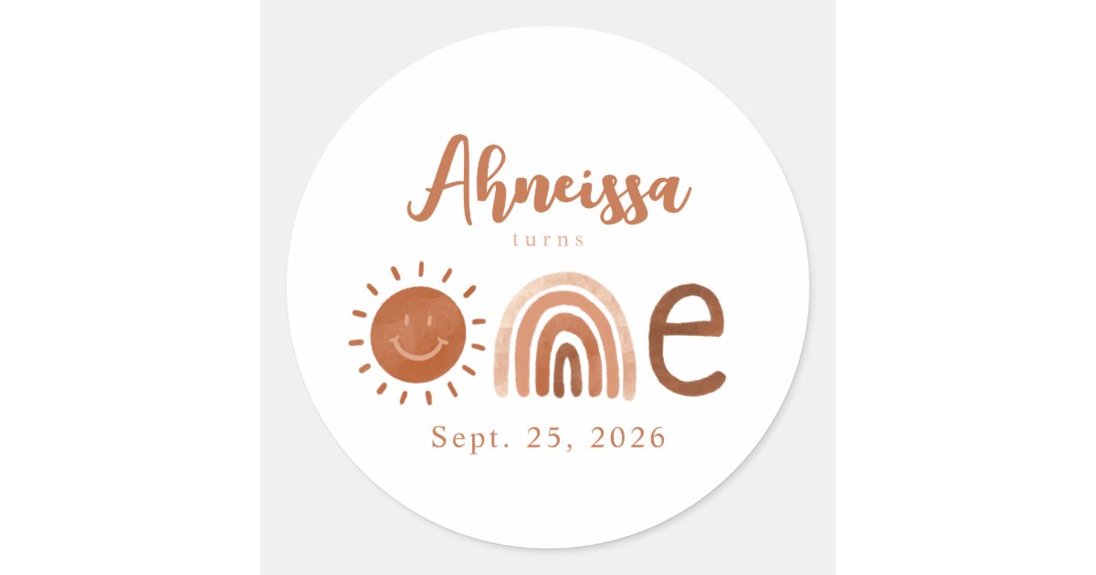 Modern Boho Rainbow Sunshine First Birthday Classic Round Sticker | Zazzle