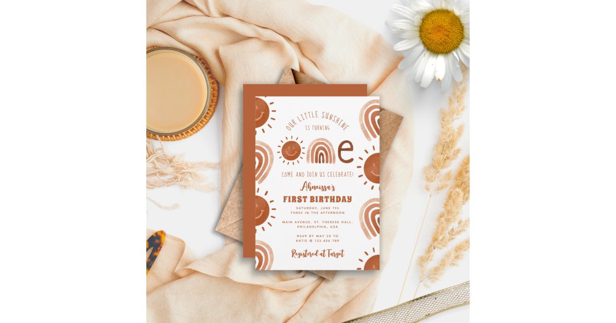 Modern Boho Rainbow Sunshine One First Birthday Invitation | Zazzle