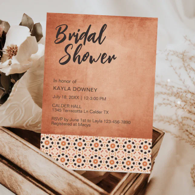 Modern Boho Terracotta Tile Bridal Shower Invitation | Zazzle