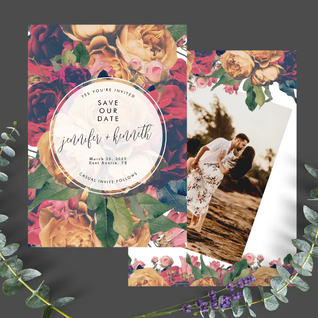 Modern Boho Vintage Roses Editable Photo Save The Date | Zazzle