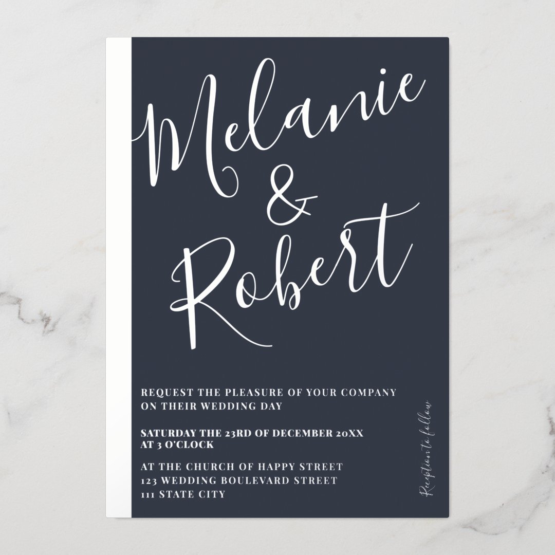 Modern bold blue wedding photo silver stripe foil invitation | Zazzle