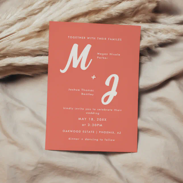 Modern Bold Coral Pink Monogram Wedding Invitation | Zazzle