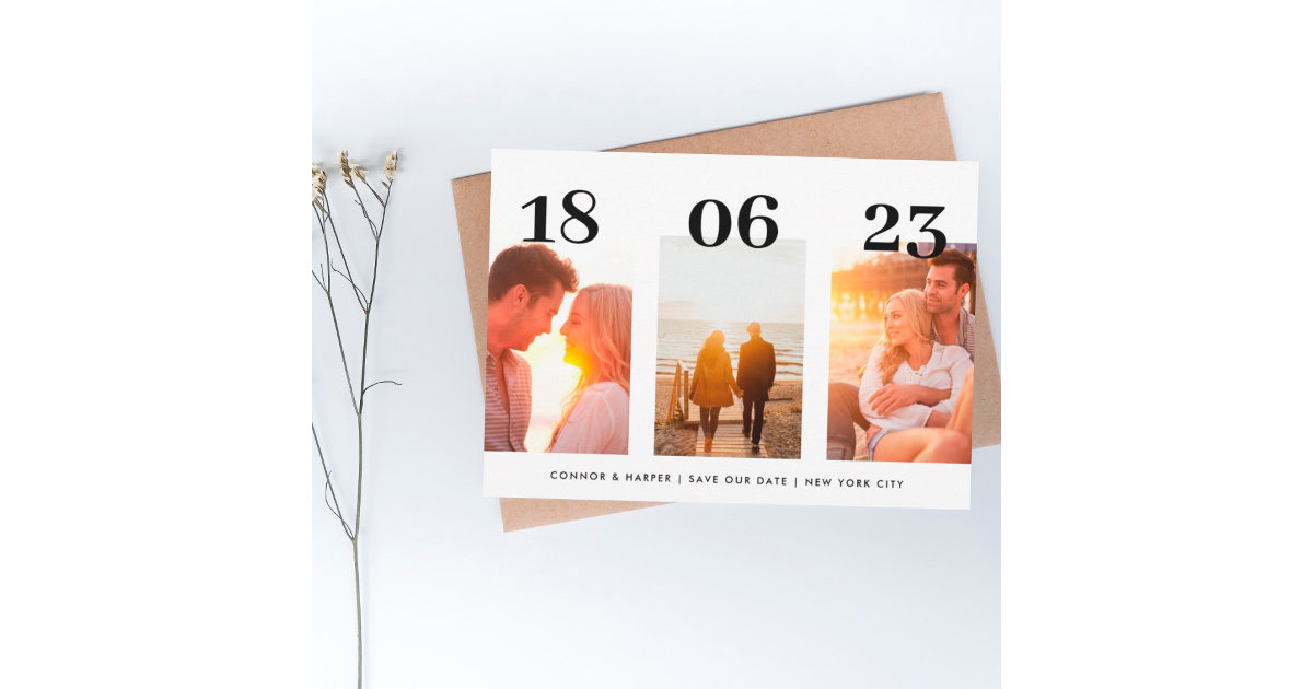 Modern BOLD DATE Three Photo QR CODE Save The Date | Zazzle