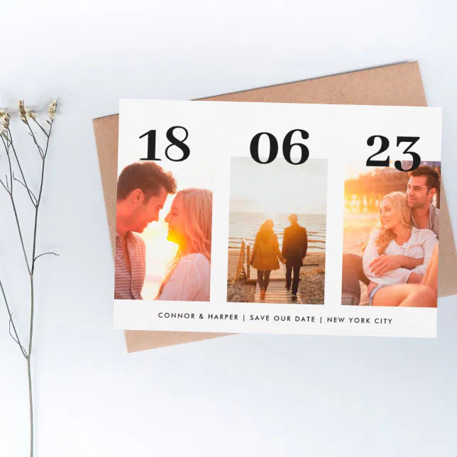 Modern BOLD DATE Three Photo QR CODE Save The Date | Zazzle