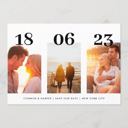 Modern BOLD DATE Three Photo QR CODE Save The Date | Zazzle