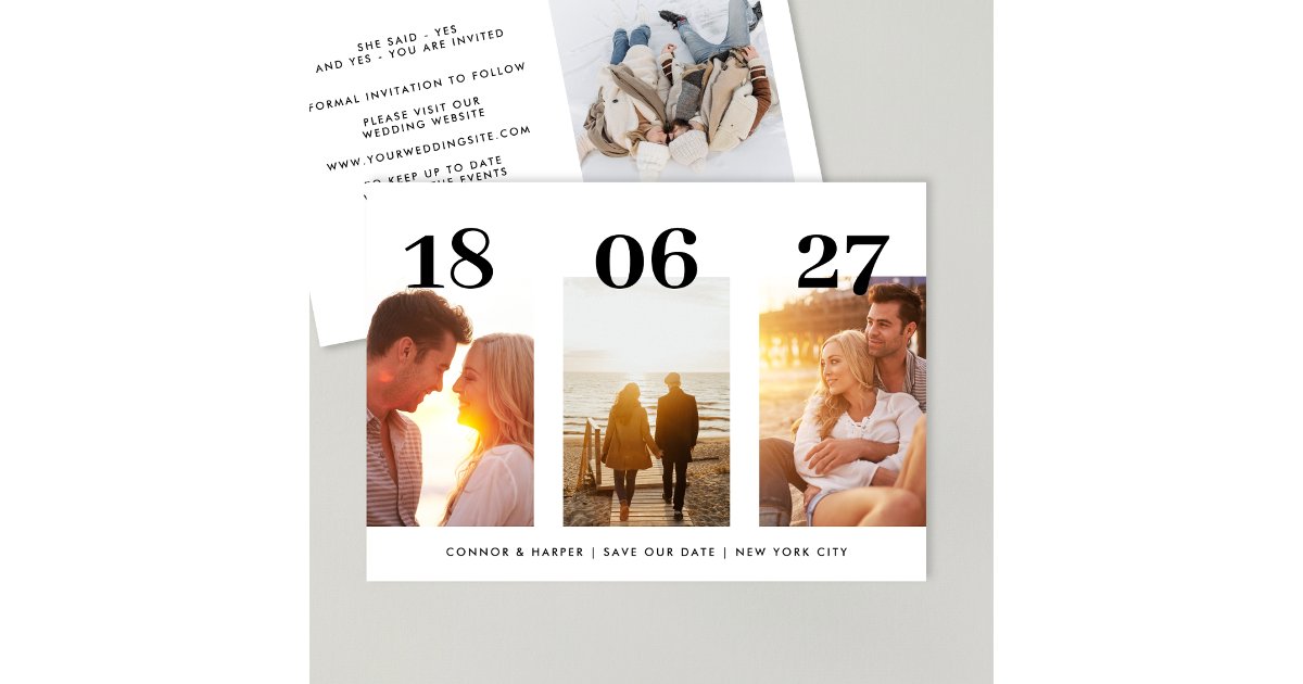 Modern BOLD DATE Three Photo Save The Date | Zazzle