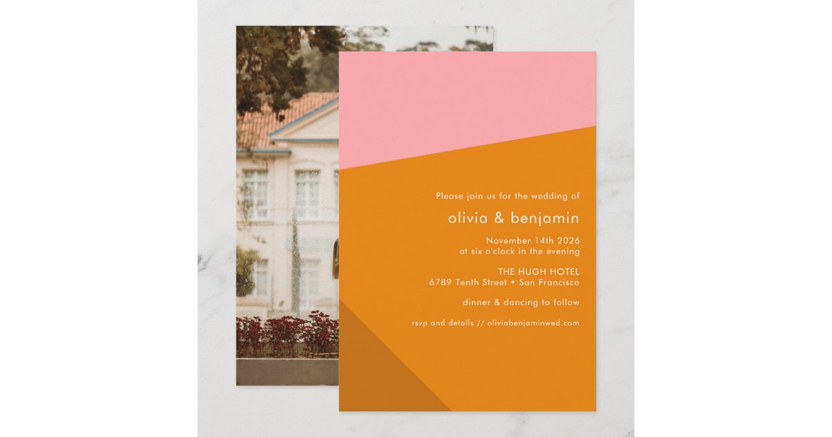 Modern Bold Geometric Pink Orange Photo Wedding Invitation | Zazzle