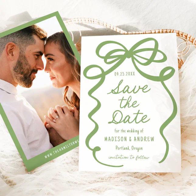 Modern Bold Green Bow Photo Wedding Save The Date | Zazzle