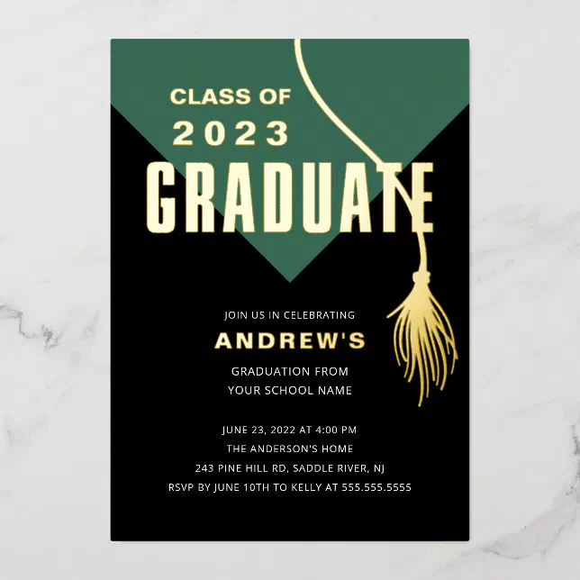 Modern Bold Green Grad Cap Graduation Foil Invitation | Zazzle