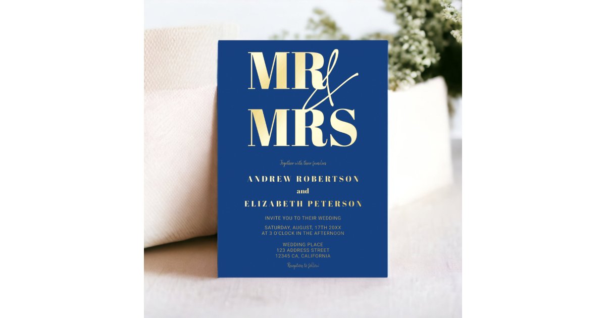 Modern bold Mr Mrs script blue photo wedding Foil Invitation | Zazzle