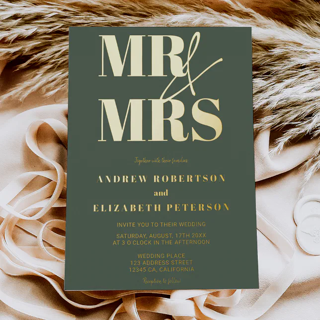 Modern bold Mr Mrs script green photo wedding Foil Invitation | Zazzle