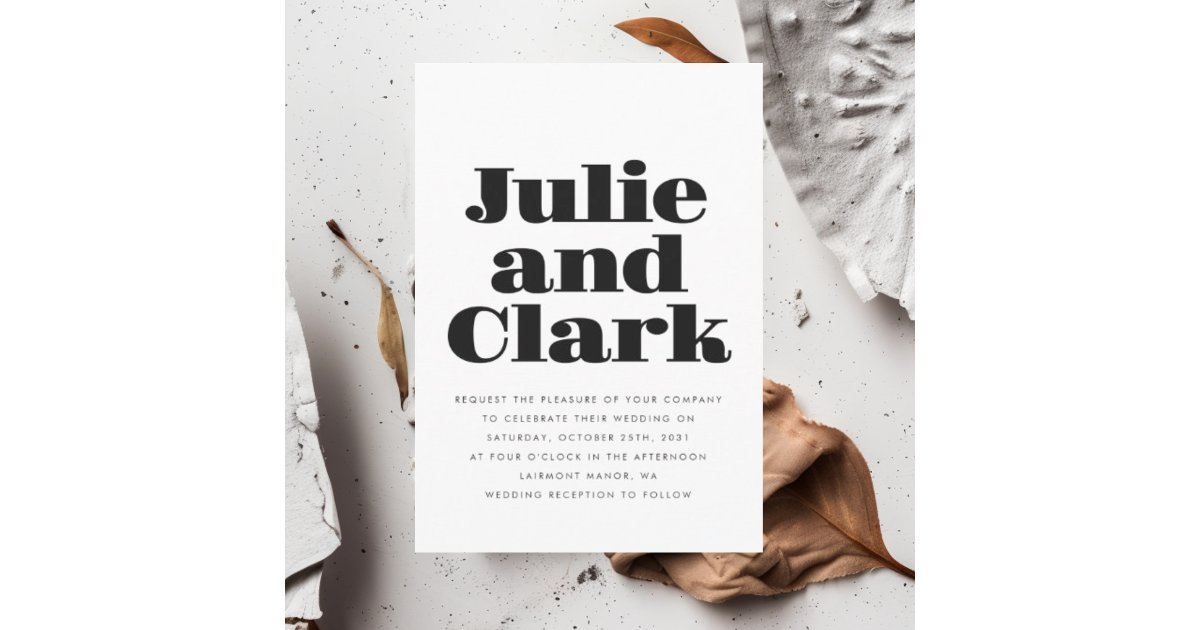 Modern Bold Names Minimalist Black White Wedding Invitation | Zazzle