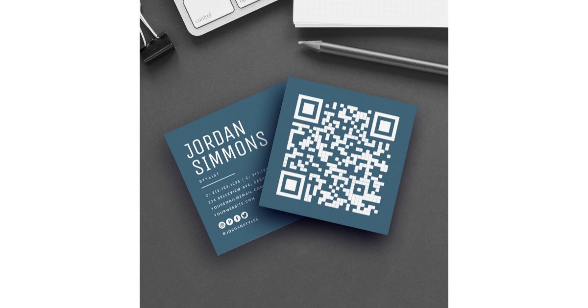 Modern Bold QR code Simple Stylish Blue Square Business Card | Zazzle