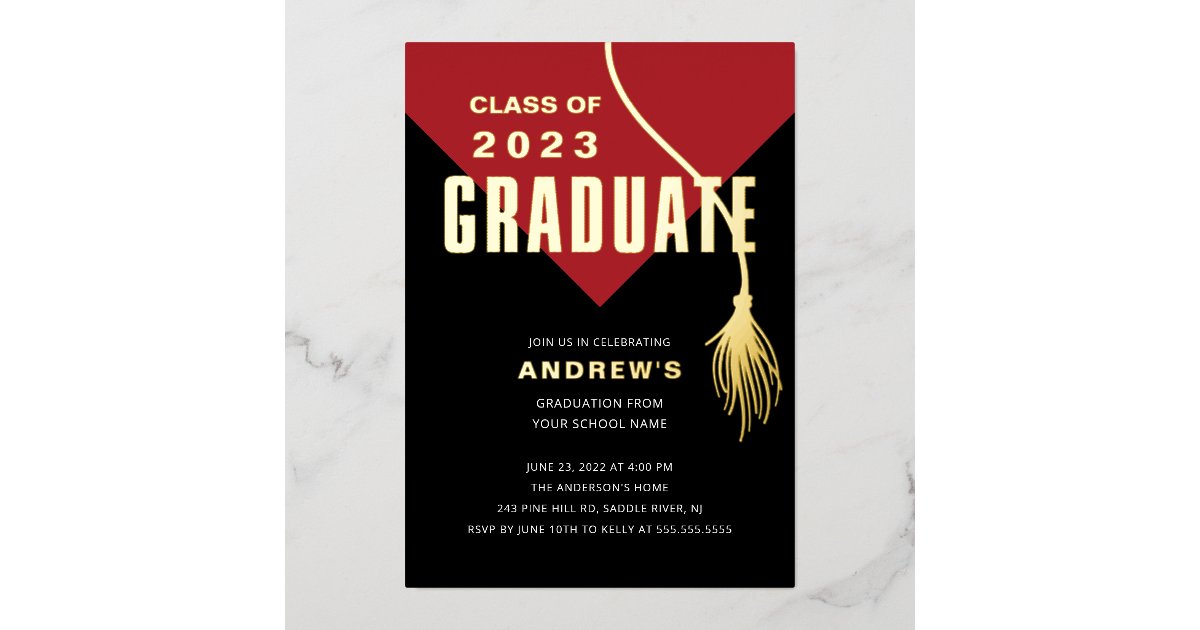 Modern Bold Red Grad Cap Graduation Foil Invitation | Zazzle