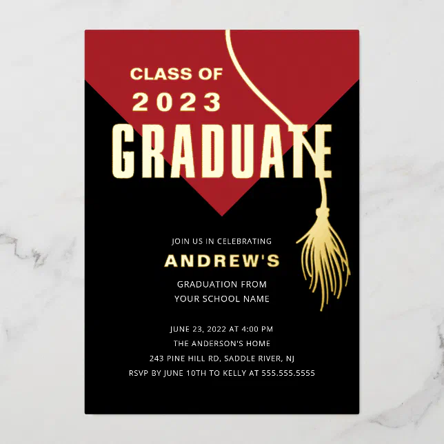 Modern Bold Red Grad Cap Graduation Foil Invitation | Zazzle
