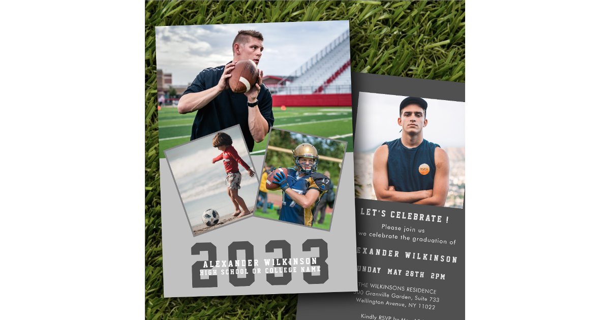 Modern Bold Script Sporty Guy 4 Photo Graduation Invitation | Zazzle