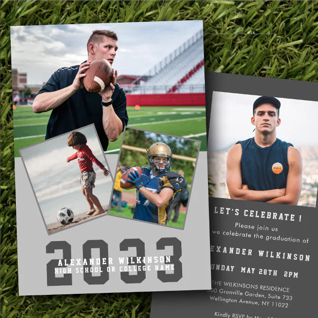 Modern Bold Script Sporty Guy 4 Photo Graduation Invitation | Zazzle