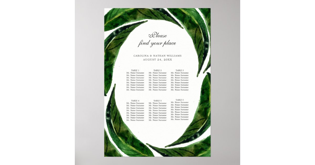 Modern Bold Tropical Leaves Seating Chart Poster | Zazzle