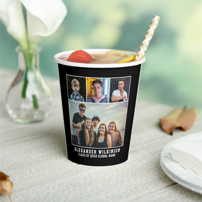 Modern Bold Typography 4 Photo Collage Graduation Paper Cups | Zazzle