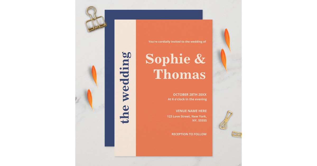Modern Bold Typography Apricot Navy Blue Wedding Invitation | Zazzle