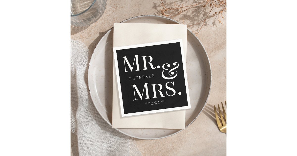 Modern bold typography Mr and Mrs black wedding Napkins | Zazzle
