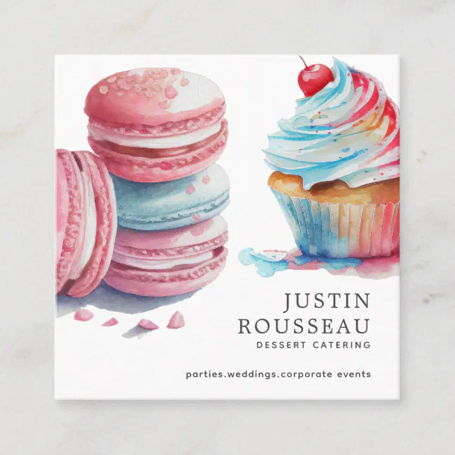 Modern Bold Watercolor Baker Pastry Chef desserts Square Business Card ...
