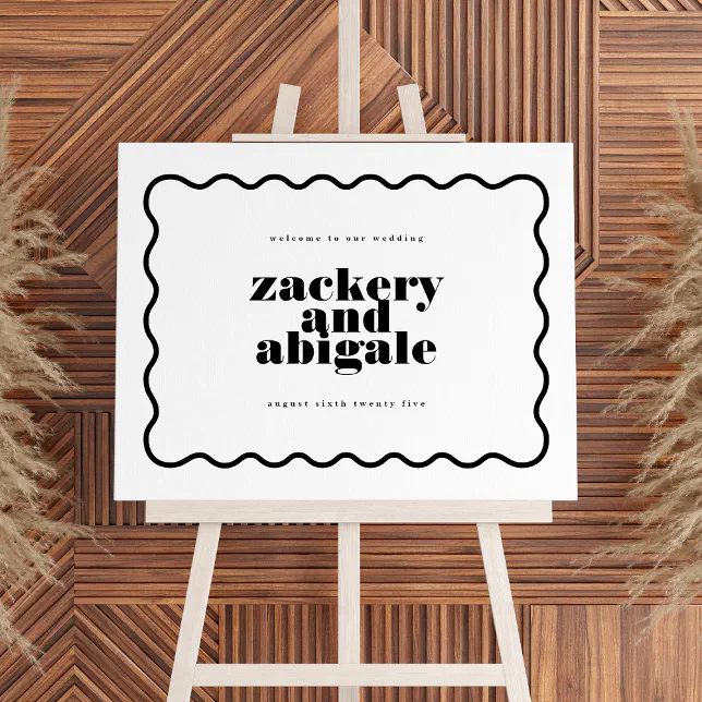 Modern Bold Wavy Line Framed Black White Wedding Poster | Zazzle