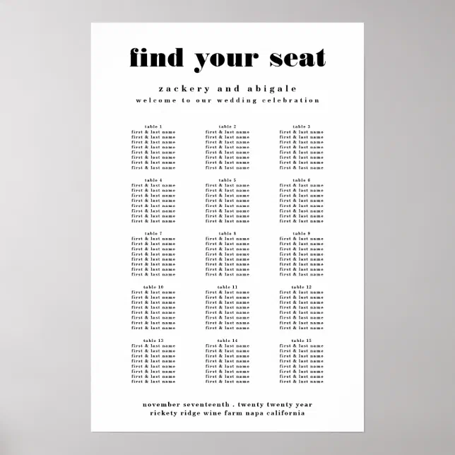 Modern Bold White Black Wedding Seating Chart Sign | Zazzle