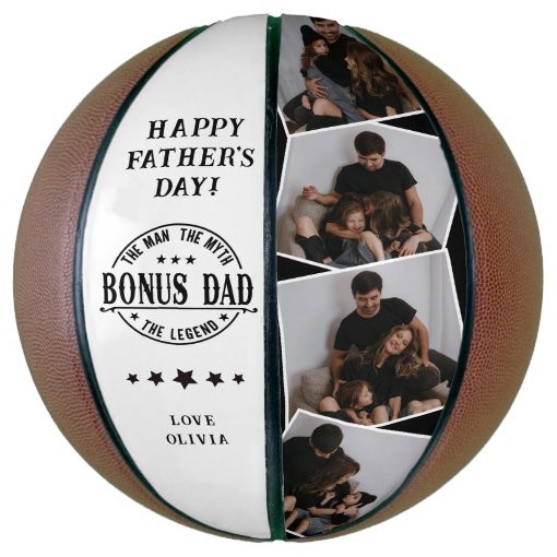 Modern Bonus Dad Quote & 4x Photo Basketball | Zazzle