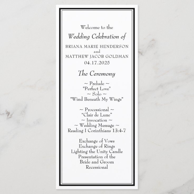 Modern Border Minimalist Black White Wedding Program | Zazzle