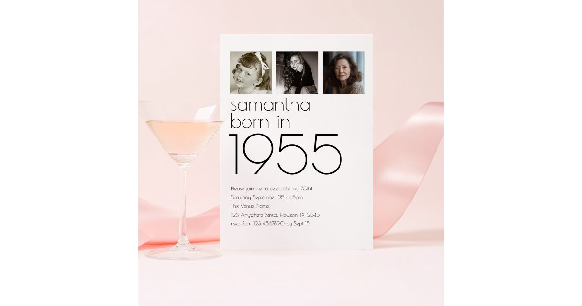 Modern Born in 1955 3 Photos 70th Birthday Party Invitation | Zazzle