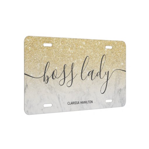 Modern boss lady quote gold glitter marble license plate | Zazzle