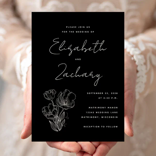 Modern Botanical Black Wedding Invitation | Zazzle