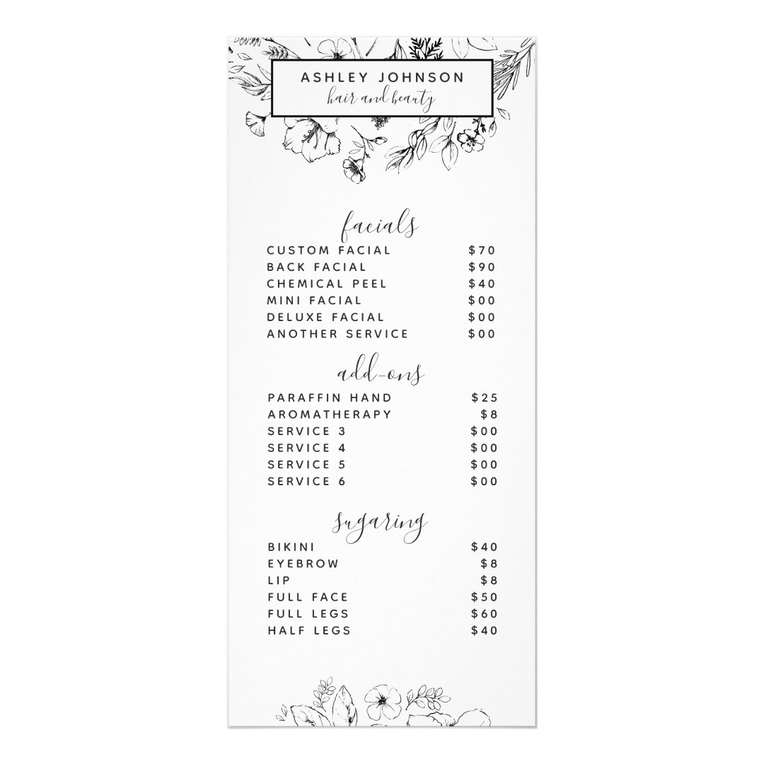 Modern Botanical Black White Spa 3 Services Menu 2 | Zazzle