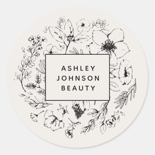 Modern Botanical Blush and Black Floral Classic Round Sticker | Zazzle