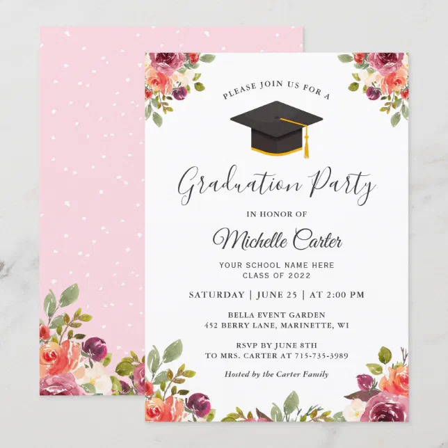 Modern Botanical Floral Girl Grad Graduation Party Invitation | Zazzle