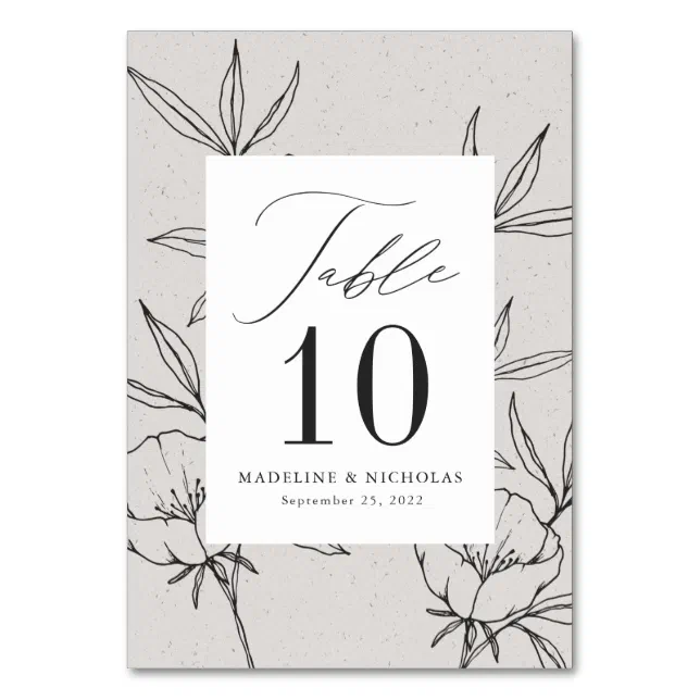 Modern Botanical Floral Gray & Black Wedding Table Number | Zazzle