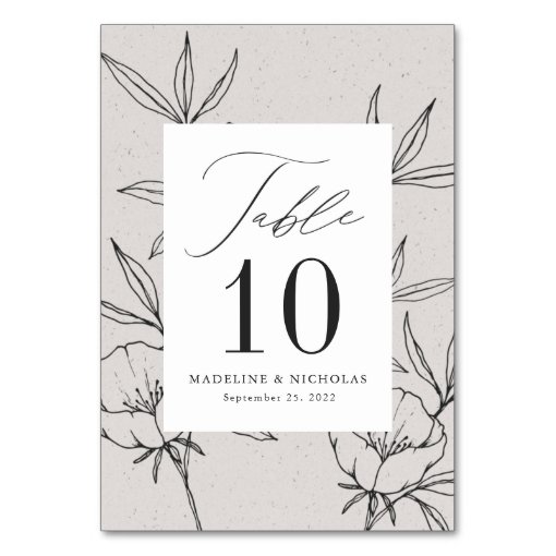 Modern Botanical Floral Gray & Black Wedding Table Number | Zazzle