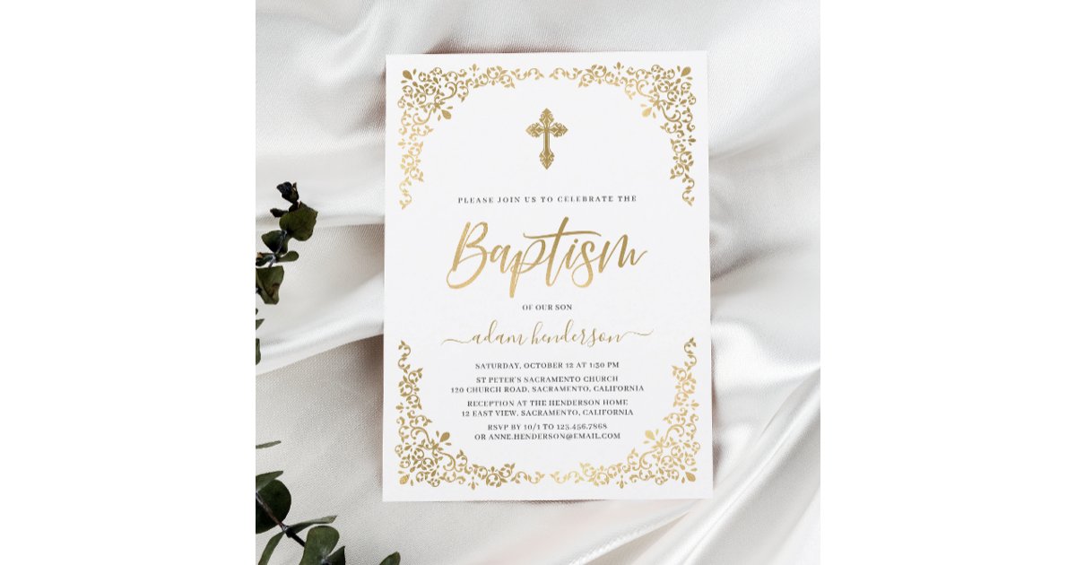 Modern Botanical Gold Baptism Invitation | Zazzle