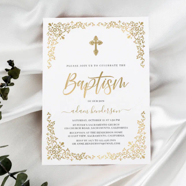 Modern Botanical Gold Baptism Invitation | Zazzle