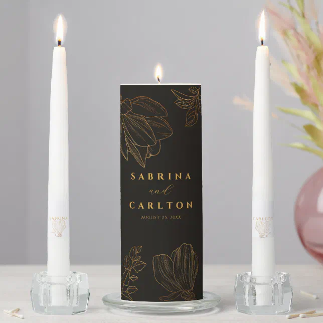 Modern Botanical Golden Floral Black Wedding Unity Candle Set | Zazzle