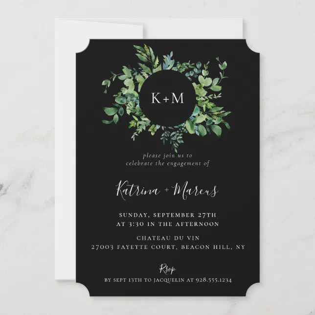 Modern Botanical Greenery Black Engagement Party Invitation | Zazzle