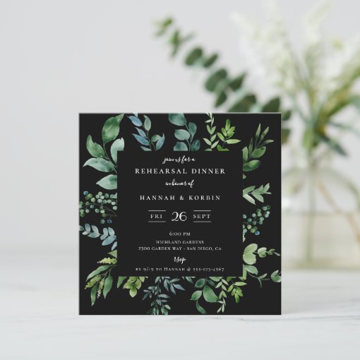 Modern Botanical Greenery Black Rehearsal Dinner Invitation | Zazzle