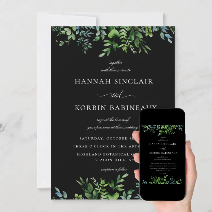 Modern Botanical Greenery Black Wedding Invitation | Zazzle