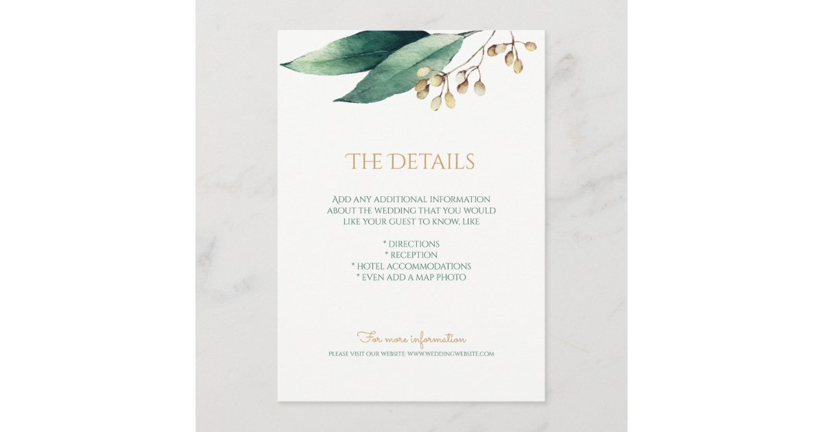 Modern botanical greenery rustic details card | Zazzle