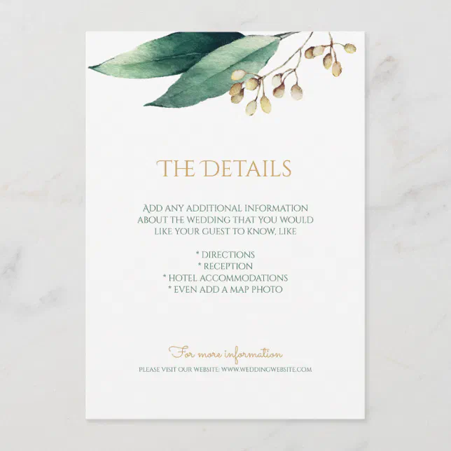 Modern botanical greenery rustic details card | Zazzle