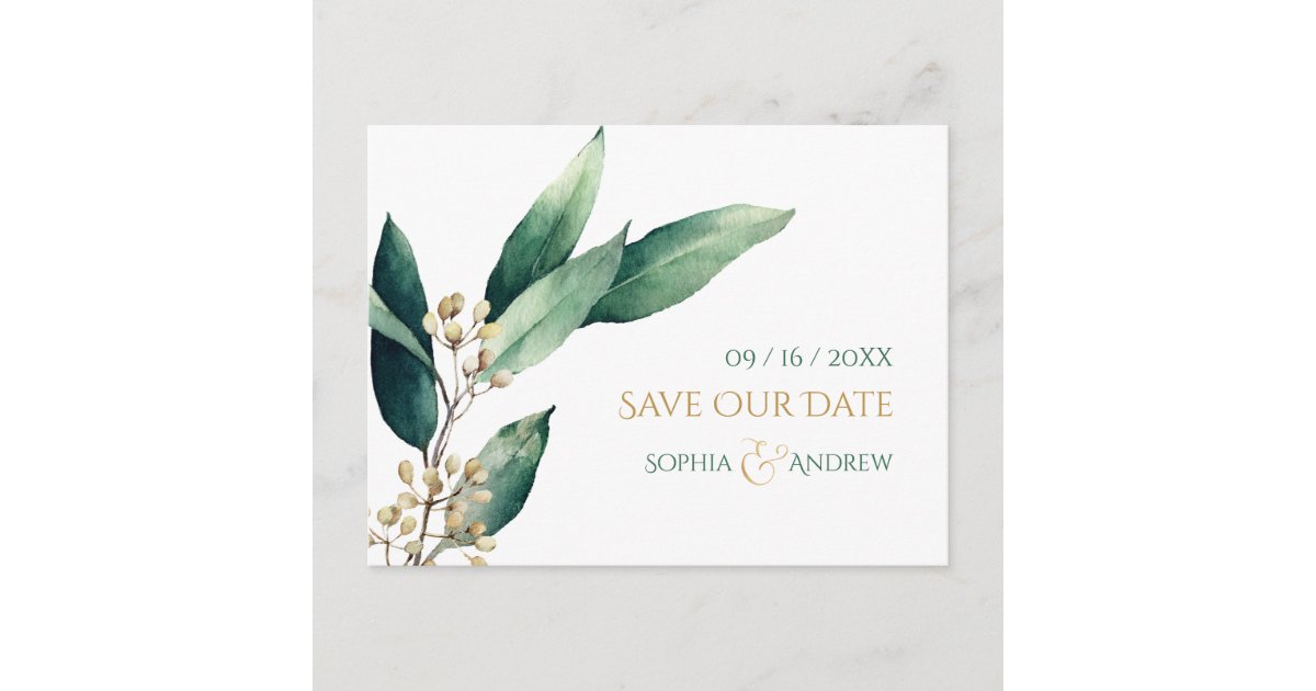 Modern botanical greenery rustic save the date announcement postcard ...